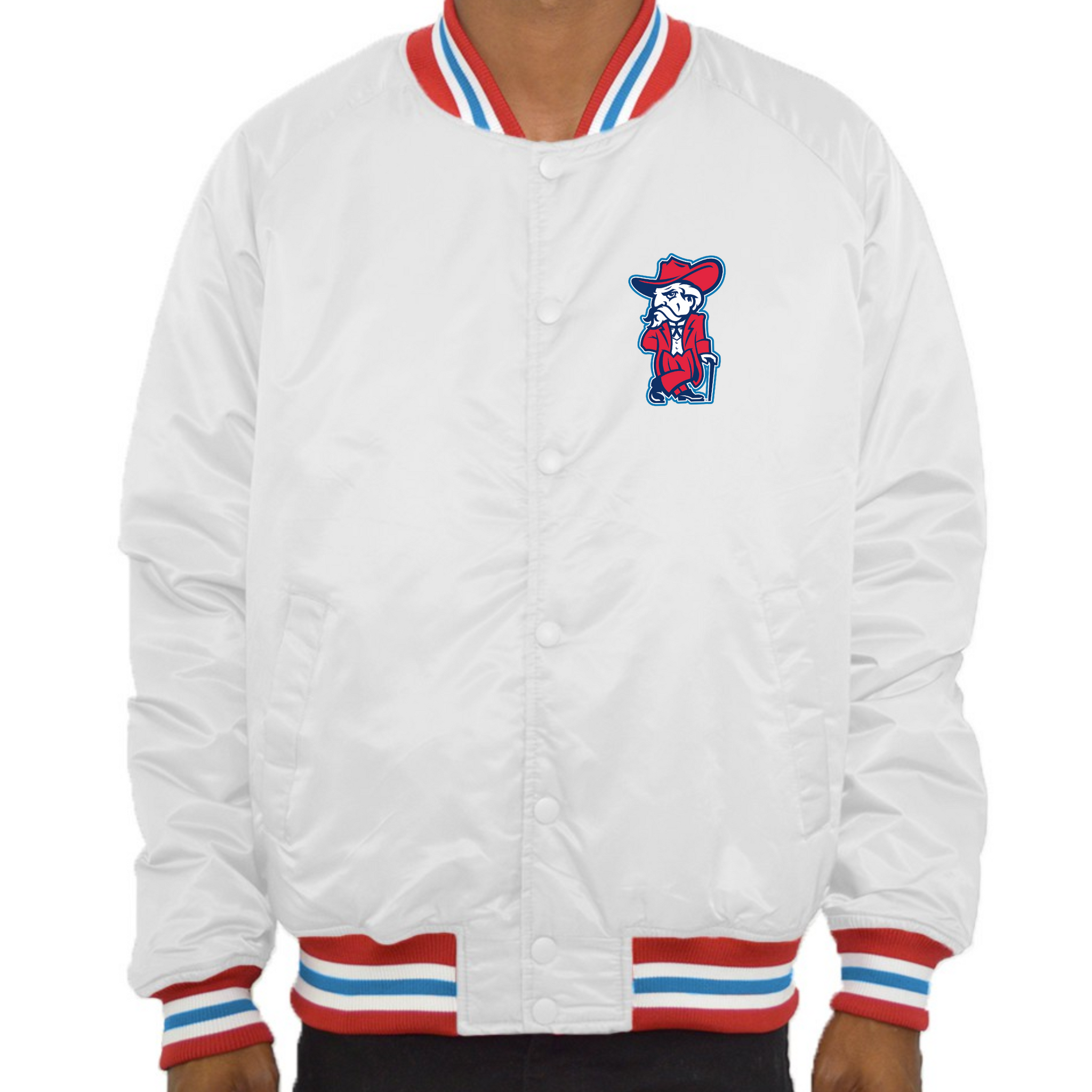 Bomber Jacket (White, Colonel Reb Traditional Logo) – MississippiRebel.com